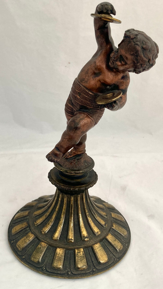 Bronzed Classical Putto Figurine Raised on a Fluted Brass Base ...