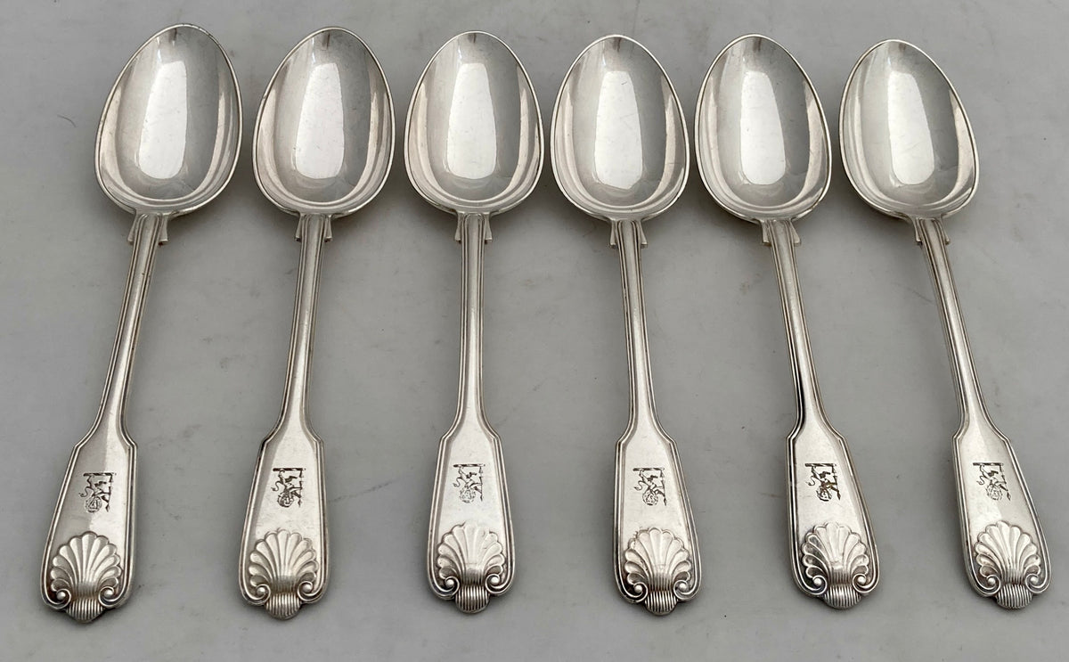 Six Victorian Silver Plated & Crested Double Struck Dessert Spoons. Wi ...